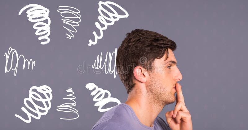 Man Thinking with Doodles on Grey Background Stock Photo - Image of ...