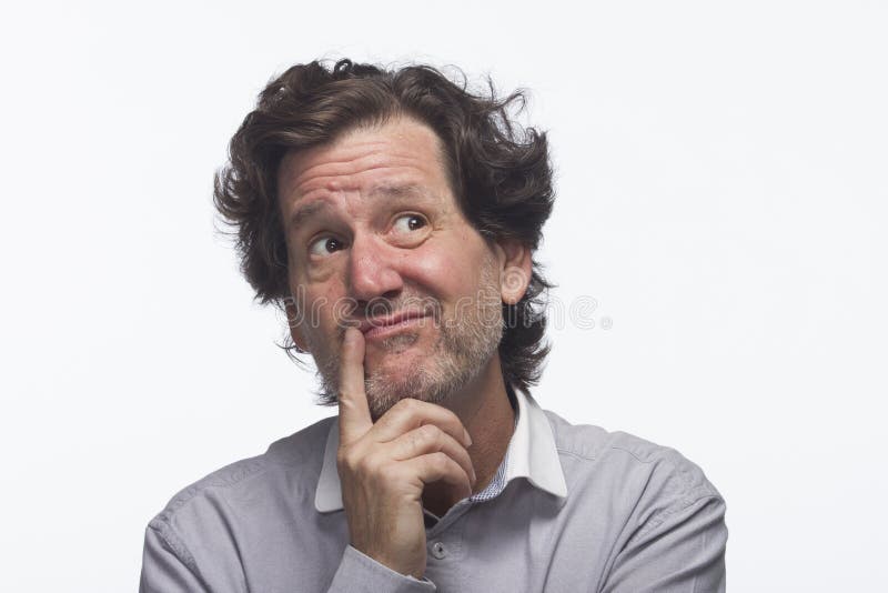 Man Thinking with Finger To Face, Horizontal Stock Image - Image of ...