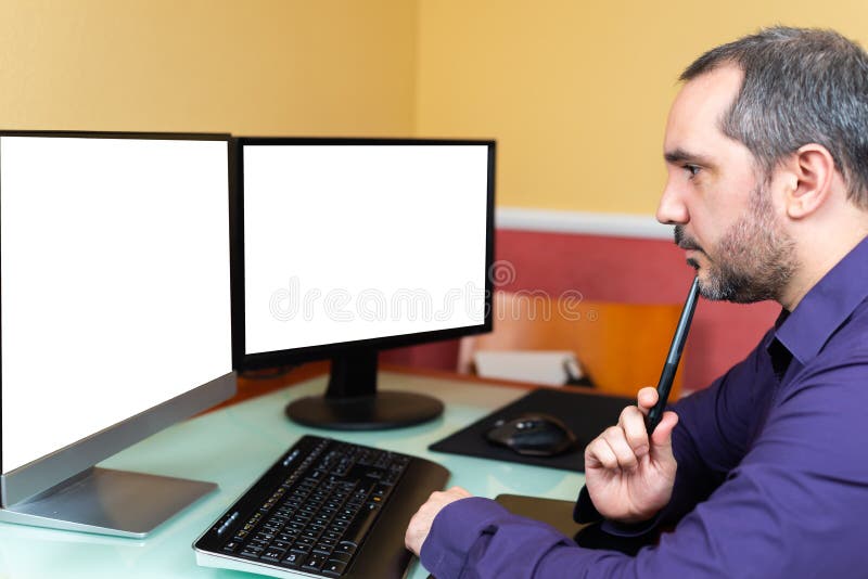 Man Thinking on Front of Computer. Man Teleworking Stock Photo - Image ...