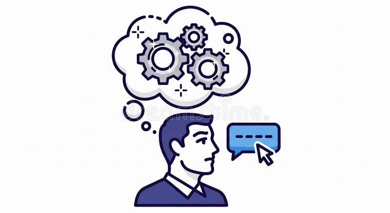 Man Thinking with Gears and Speech Bubble Icon, Representing ...