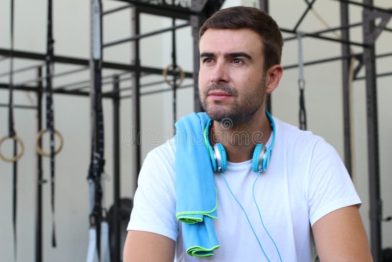 Man thinking at the gym stock image. Image of brazilian - 129780853