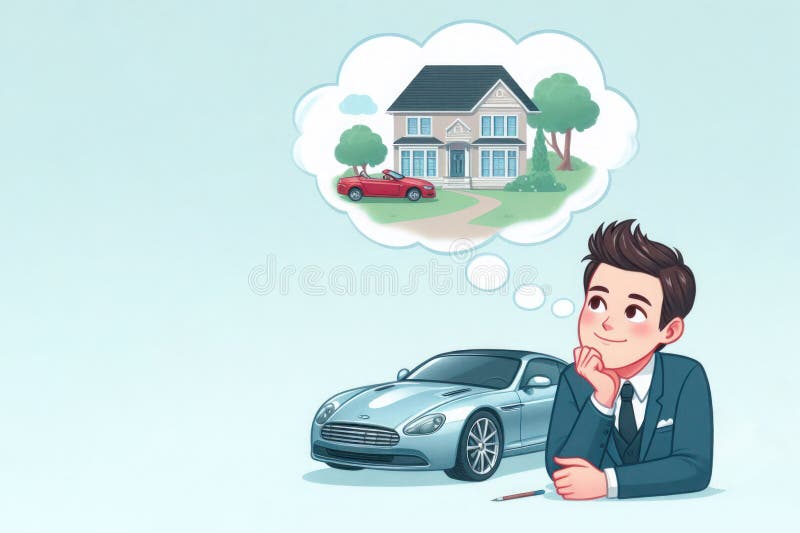 A Man Thinking about a House and a Car. Space for Text. Stock ...