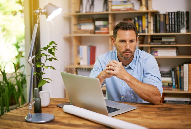 Man, Thinking and Laptop with Documents for Remote Work from Home ...