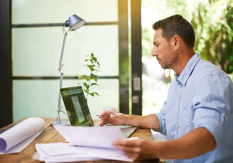 Man, Thinking and Laptop with Paperwork for Remote Work from Home ...