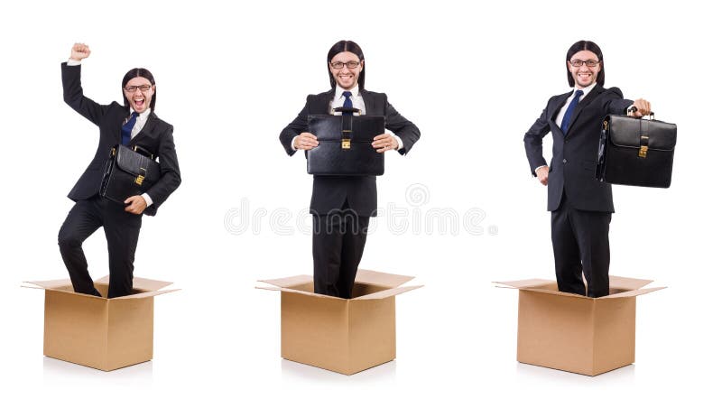 Man in Thinking Out of the Box Concept Stock Photo - Image of package ...