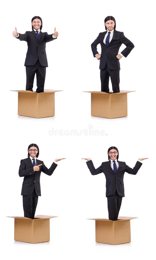 Man in Thinking Out of the Box Concept Stock Photo - Image of collage ...