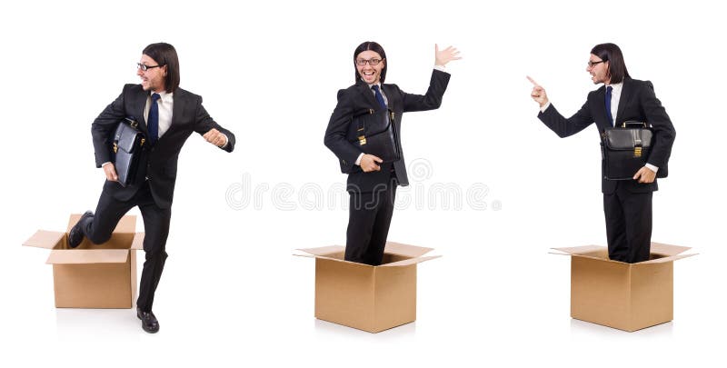 Man in Thinking Out of the Box Concept Stock Image - Image of boxes ...