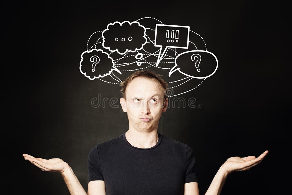 Man Thinking with Question Mark and Hand Drawing Sketch Bubble on ...