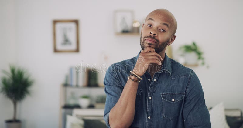 Man, Thinking and Relax in Living Room, Decision and Idea with Question ...