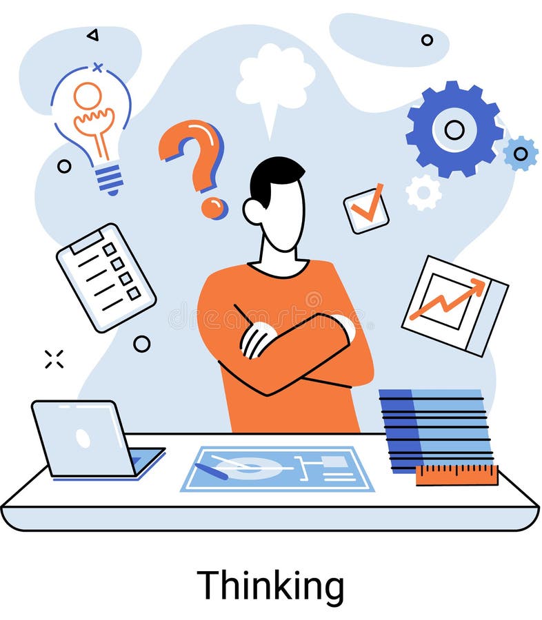Man Thinking Sitting at Table, with Question Mark and Business Icons ...