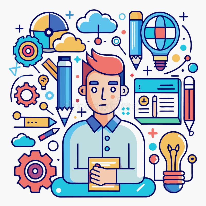 Man Thinking, Surrounded by Ideas and Tools for Creativity, Innovation ...