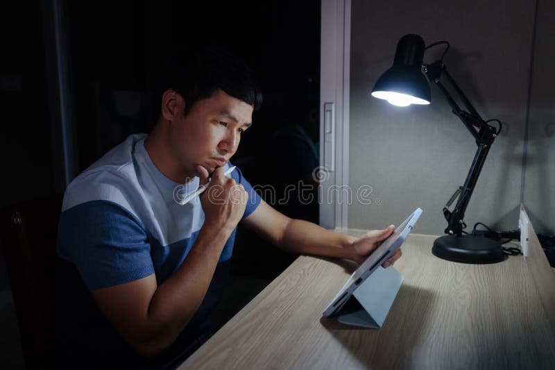 Man Thinking while Using Tablet at Night Stock Photo - Image of tired, think: 342132788