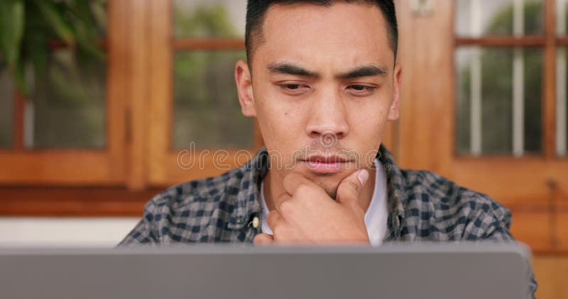 Man, Thinking and Working on Laptop in Business, Plan or Problem ...