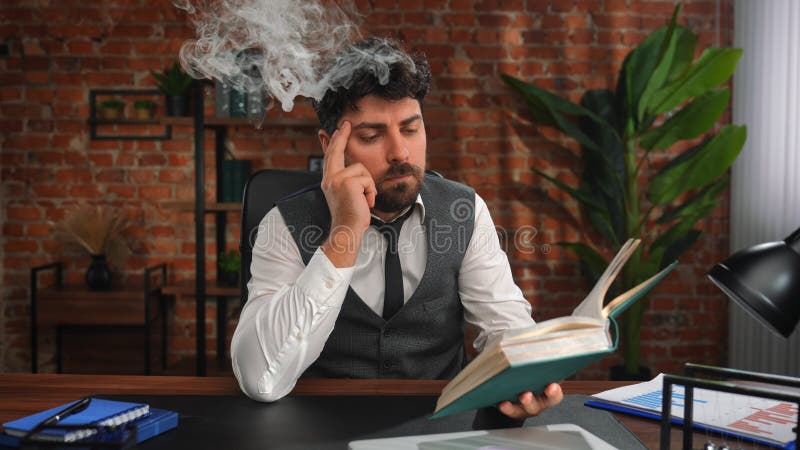 Man in Thought with Book and Smoke from Head Stock Photo - Image of ...