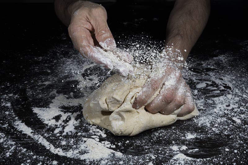 Man Throwing Flour on Top of a Kneaded Dough Stock Image - Image of ...