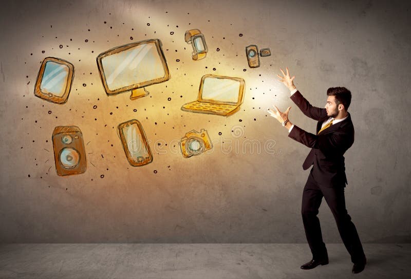 Man Throwing Hand Drawn Electronical Devices Stock Image - Image of ...