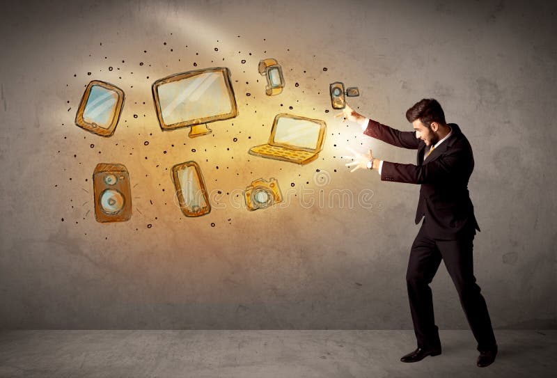 Man Throwing Hand Drawn Electronical Devices Stock Image - Image of ...