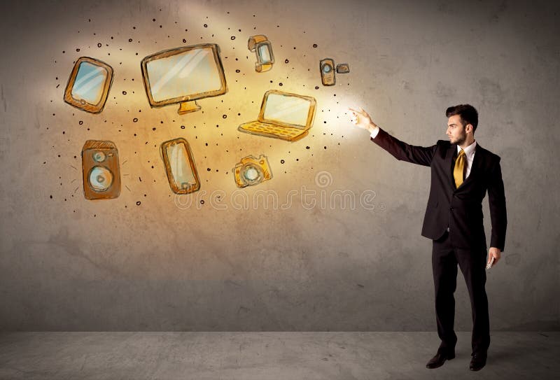 Man Throwing Hand Drawn Electronical Devices Stock Photo - Image of ...