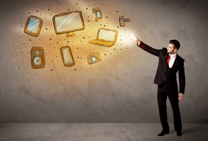 Man Throwing Hand Drawn Electronical Devices Stock Image - Image of ...