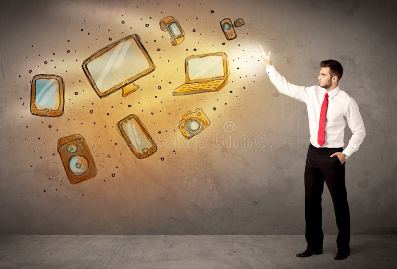 Man Throwing Hand Drawn Electronical Devices Stock Image - Image of ...