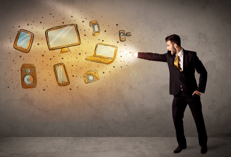 Man Throwing Hand Drawn Electronical Devices Stock Photo - Image of ...