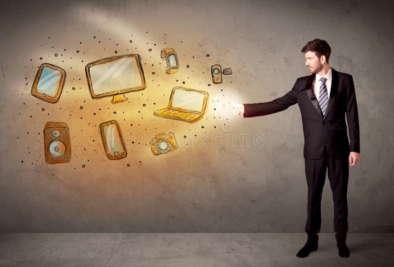 Man Throwing Hand Drawn Electronical Devices Stock Photo - Image of ...