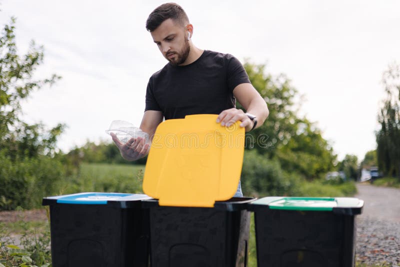 Man Throwing Out in Recycling Bin Clean Empty Plastic Container ...