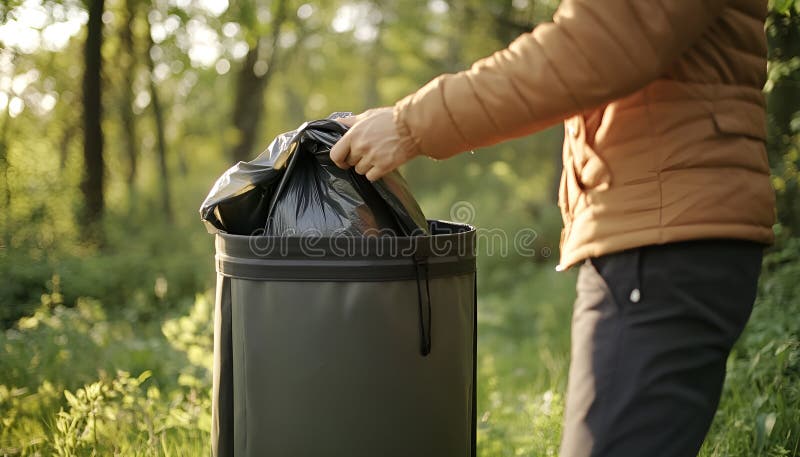 Man Throwing Trash Bag into Bin Outdoors, Closeup Stock Photo - Image ...
