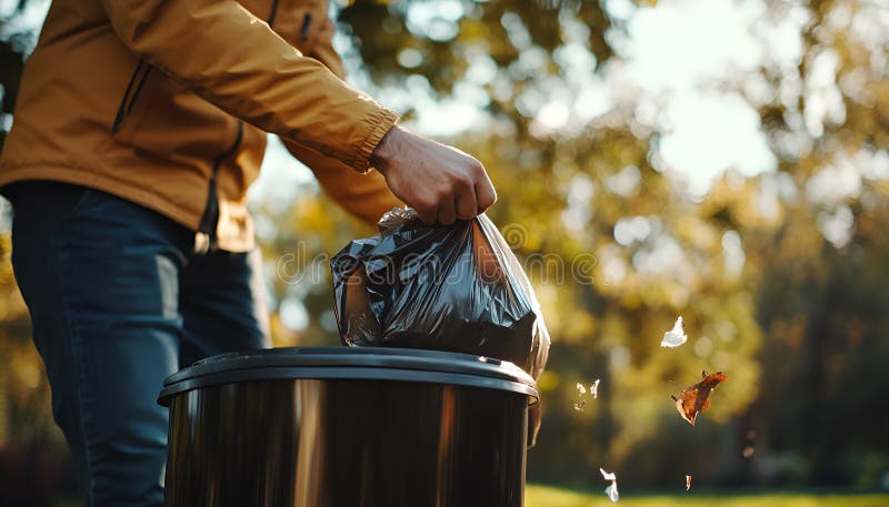Man Throwing Trash Bag into Bin Outdoors, Closeup Stock Photo - Image ...