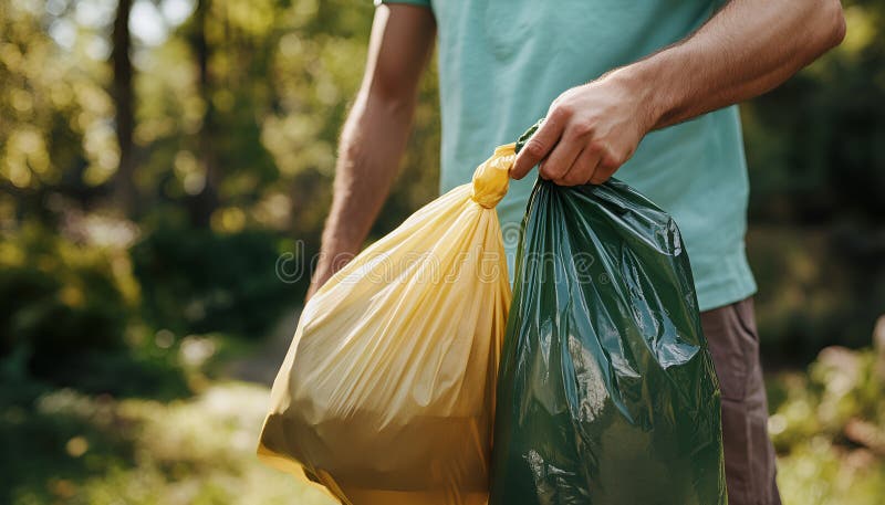 Man Throwing Trash Bag into Bin Outdoors, Closeup Stock Photo - Image ...