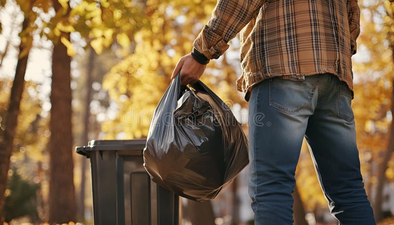 Man Throwing Trash Bag into Bin Outdoors, Closeup Stock Photo - Image ...