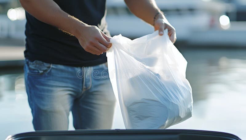 Man Throwing Trash Bag into Bin Outdoors, Closeup Stock Image - Image ...