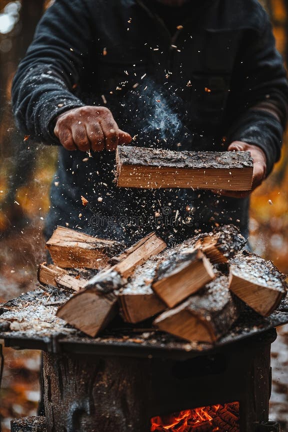 Man Throwing Wood into a Fire. Selective Focus Stock Photo - Image of ...