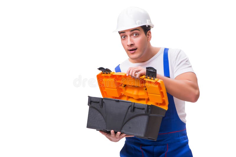 The Man with Toolbox Isolated on White Stock Photo - Image of scared ...