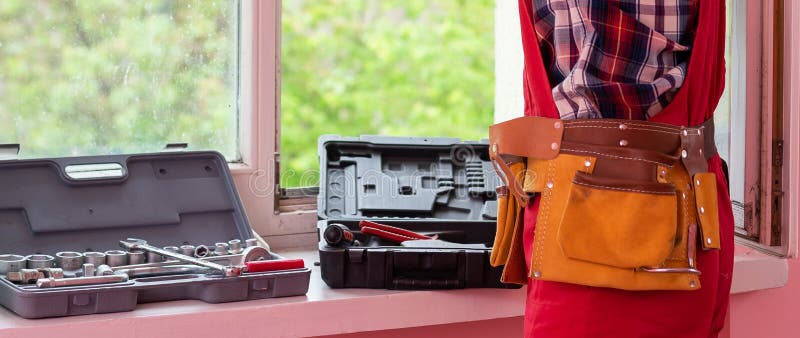 Man and Tools in Leathern Belt Stock Photo - Image of combination ...
