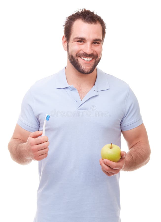 Man with Toothbrush and Green Apple Stock Photo - Image of clean ...