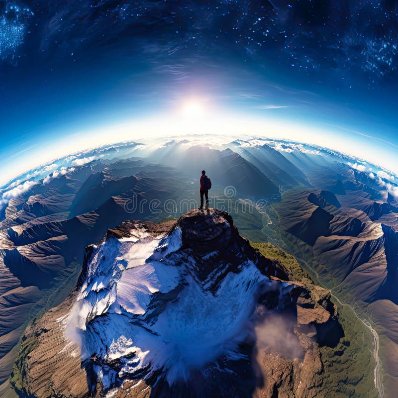 A Man on Top of the Highest Mountain Looking Down at the Ground Stock Image - Image of outdoor ...