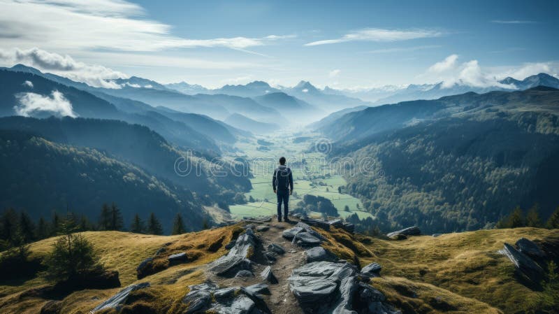 Man on the Top of the Mountain Back View. Generative AI. Stock ...