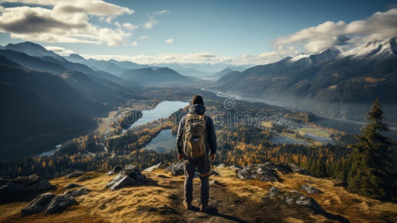 Man on the Top of the Mountain Back View. Generative AI. Stock Image ...