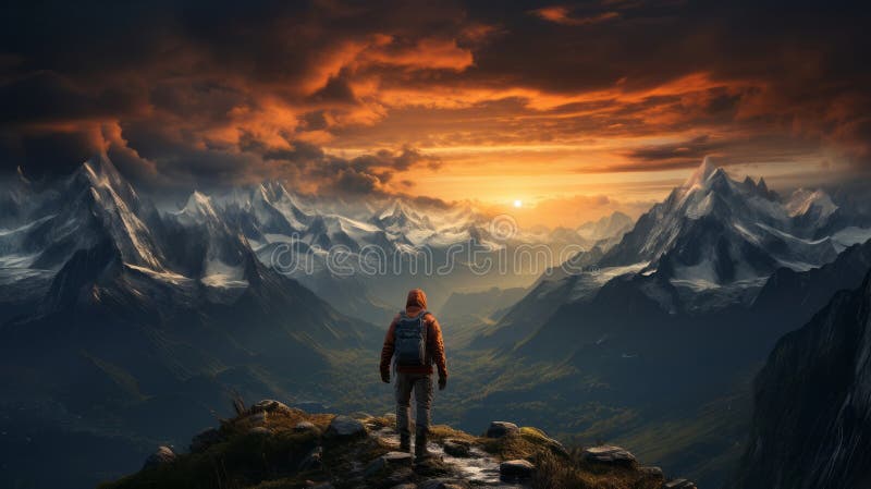 Man on the Top of the Mountain Back View. Generative AI. Stock Image ...