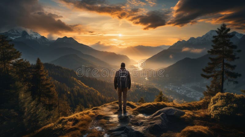 Man on the Top of the Mountain Back View. Generative AI. Stock Photo ...