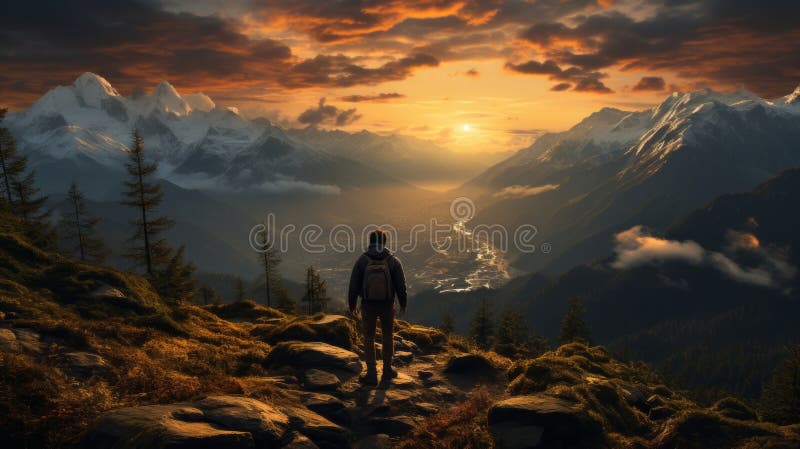 Man on the Top of the Mountain Back View. Generative AI. Stock Photo ...