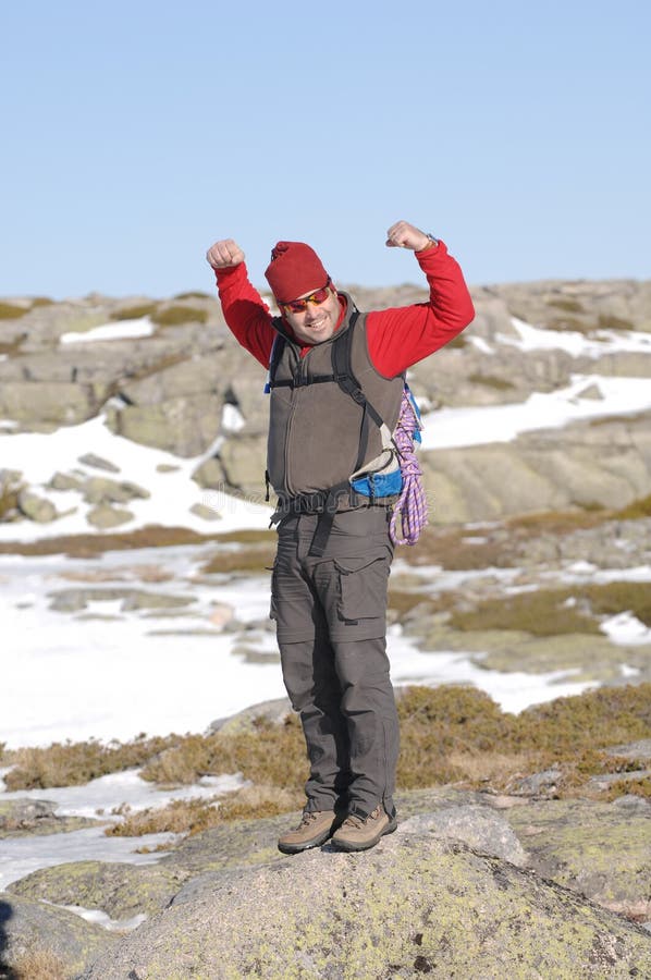 Man in the Top of a in Mountain Hiking Stock Image - Image of mountain ...