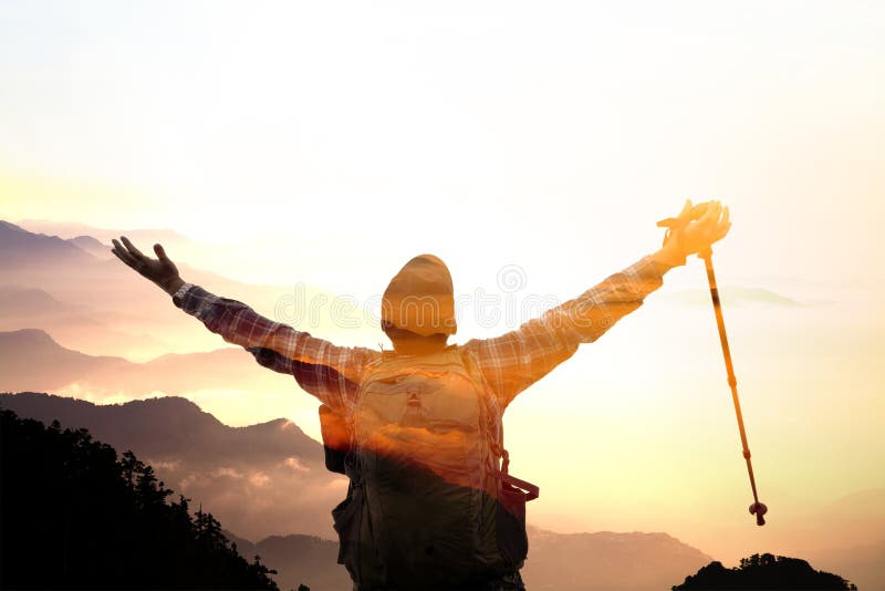 Man on the Top of Mountain Watching Sunrise Stock Photo - Image of ...