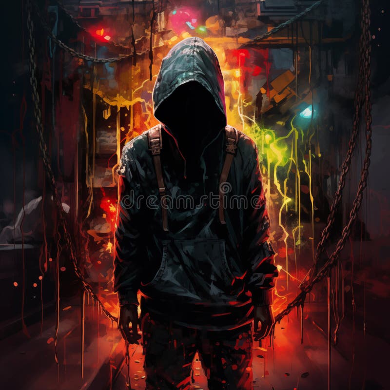 A Man in a Torn Hoodie is Pinned Down with Neon-colored Floating Chains ...