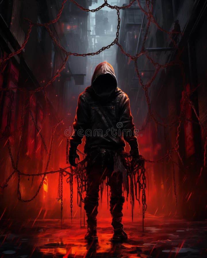 A Man in a Torn Hoodie is Pinned Down with Neon-colored Floating Chains ...