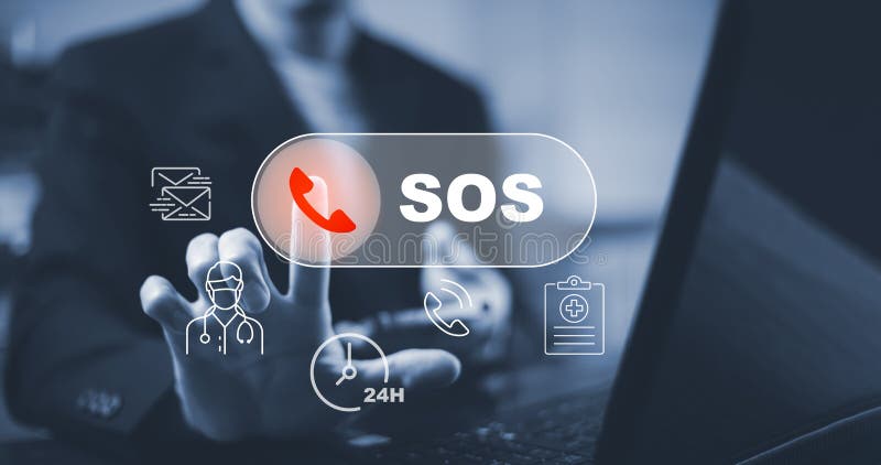 Man Touch Button Emergency App in Home, Call Phone, Chat Message Icon ...