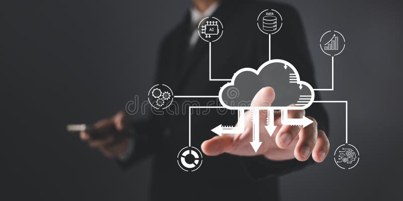 Man Touch Cloud Computing Diagram Show on Hand. Data Storage.Cloud Technology Stock Photo ...