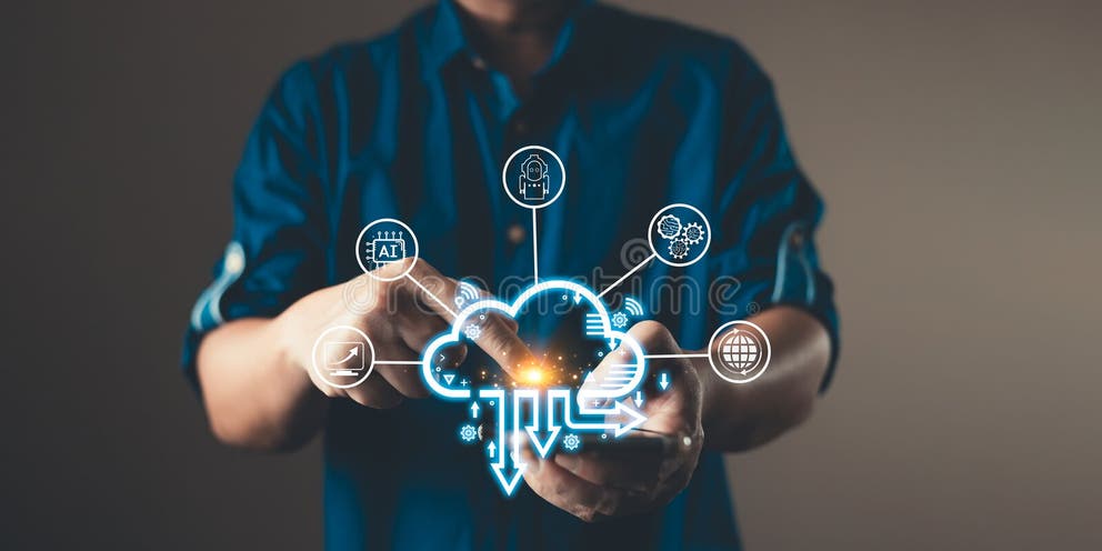 Man Touch Cloud Computing Diagram Show on Hand.Data Storage Stock Photo ...