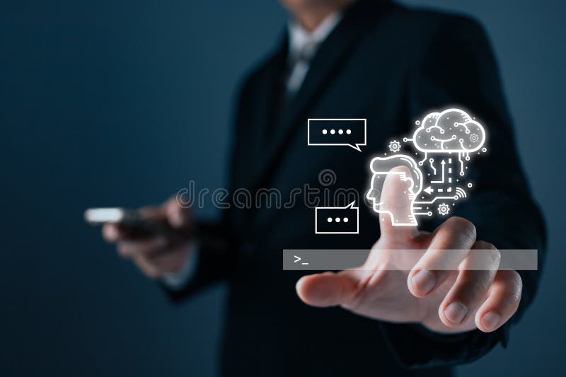 Man Touch Command Prompt Ai Chat. Big Data Storage Computer Tech.Digital Artificial Intelligence ...